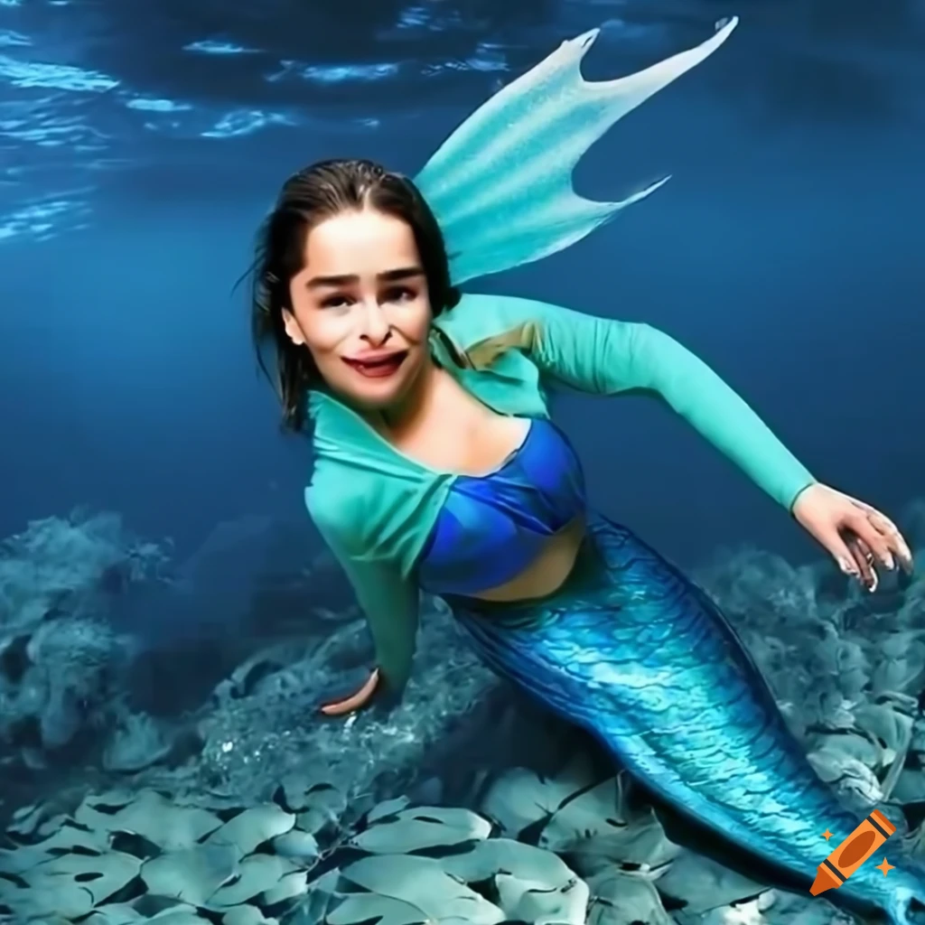 Emilia Clarke as a blue mermaid wearing a hoodie on Craiyon