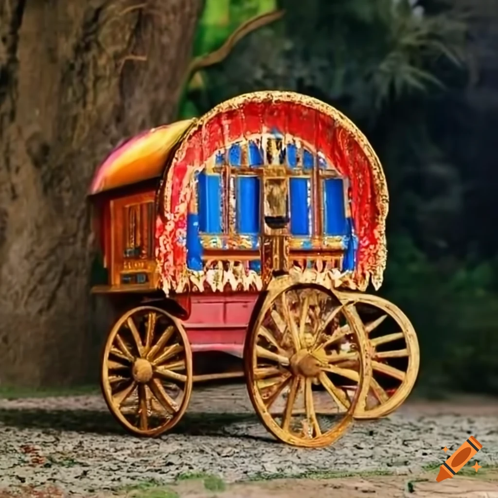 Colorful gypsy wagon adorned with fabric and jewelry on Craiyon