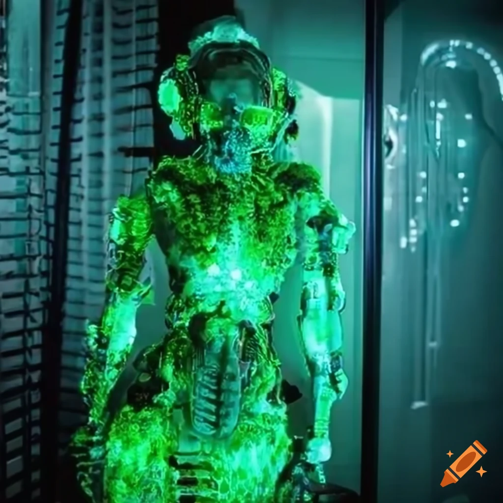 High-tech biopunk cyborg covered in glowing moss in a futuristic ...