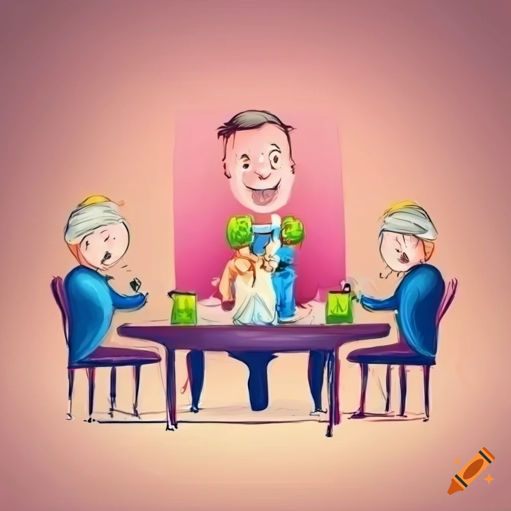 Childlike illustration of a wealthy family at a big table on Craiyon