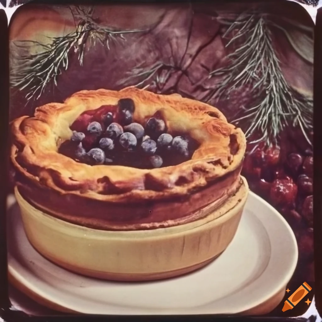 Vintage photo of a steamed pie with a pine cone and juniper berries on ...