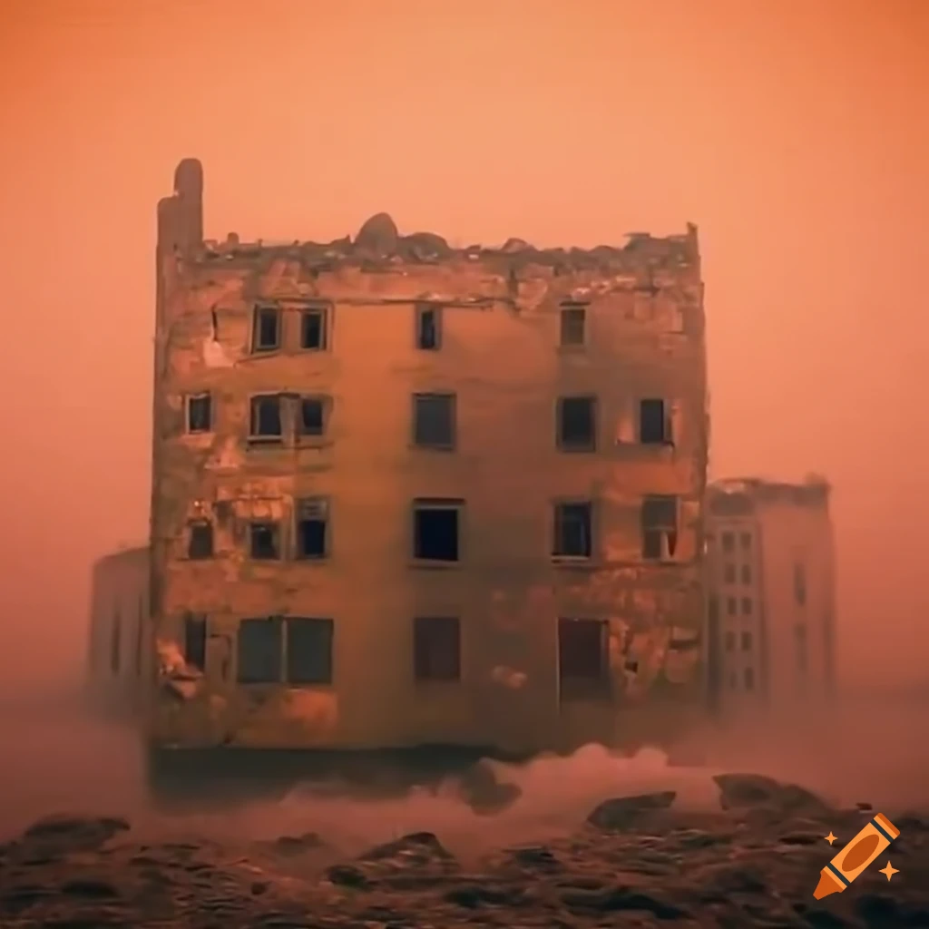 Close-up view of crumbling brick buildings sinking into ocean in an ...