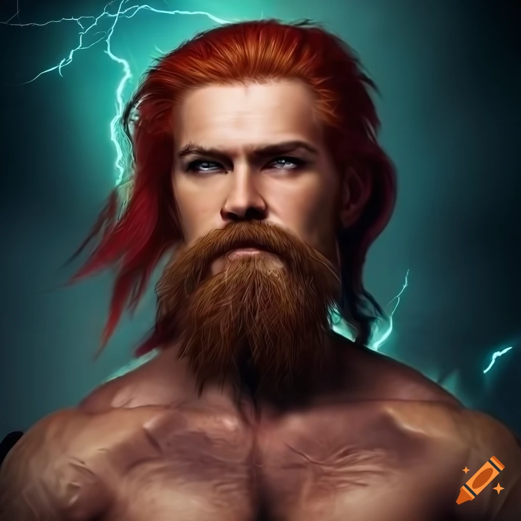 Muscular warrior with red hair and beard in a cinematic stormy setting ...