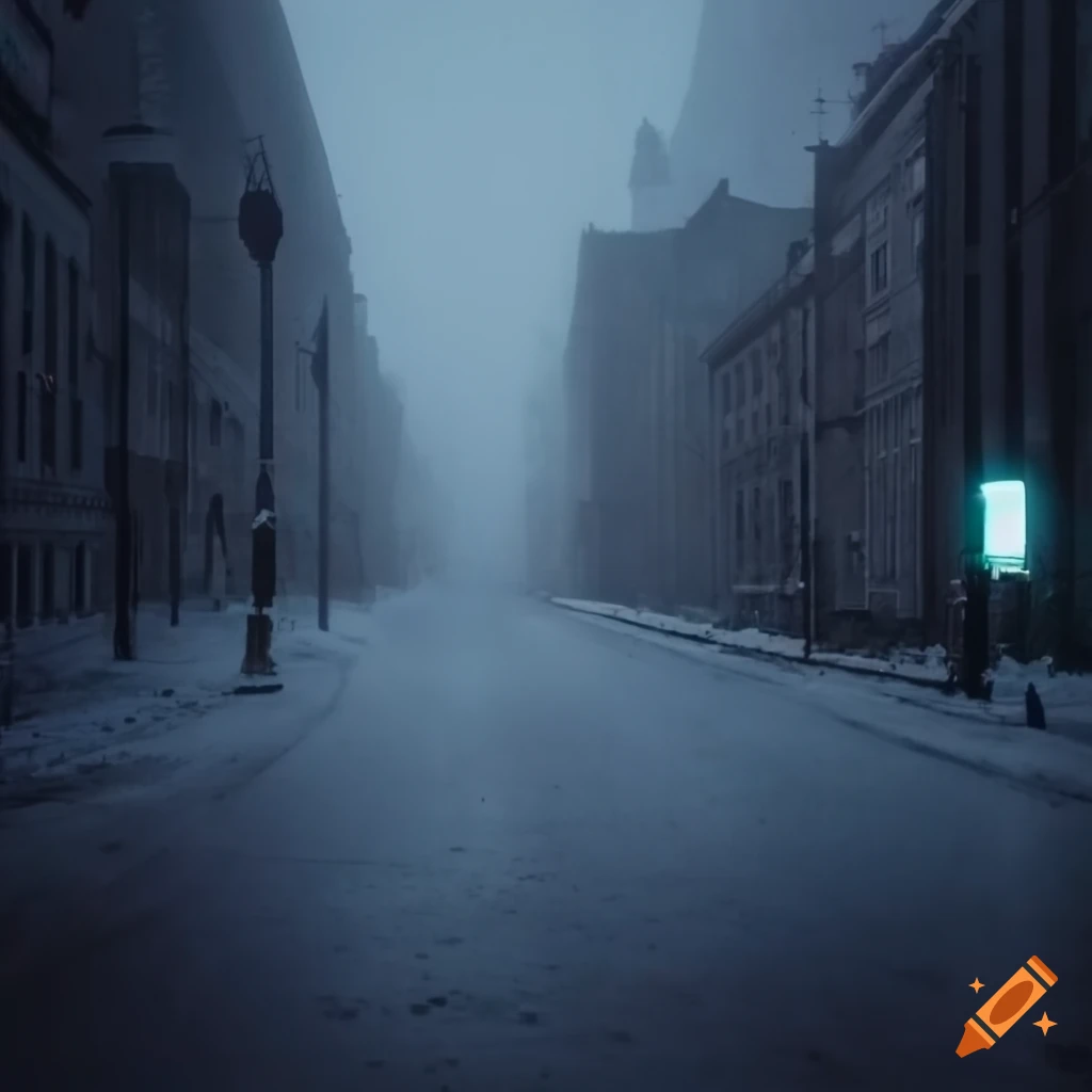 Empty winter street at night with dim street lights and fog, vintage ...