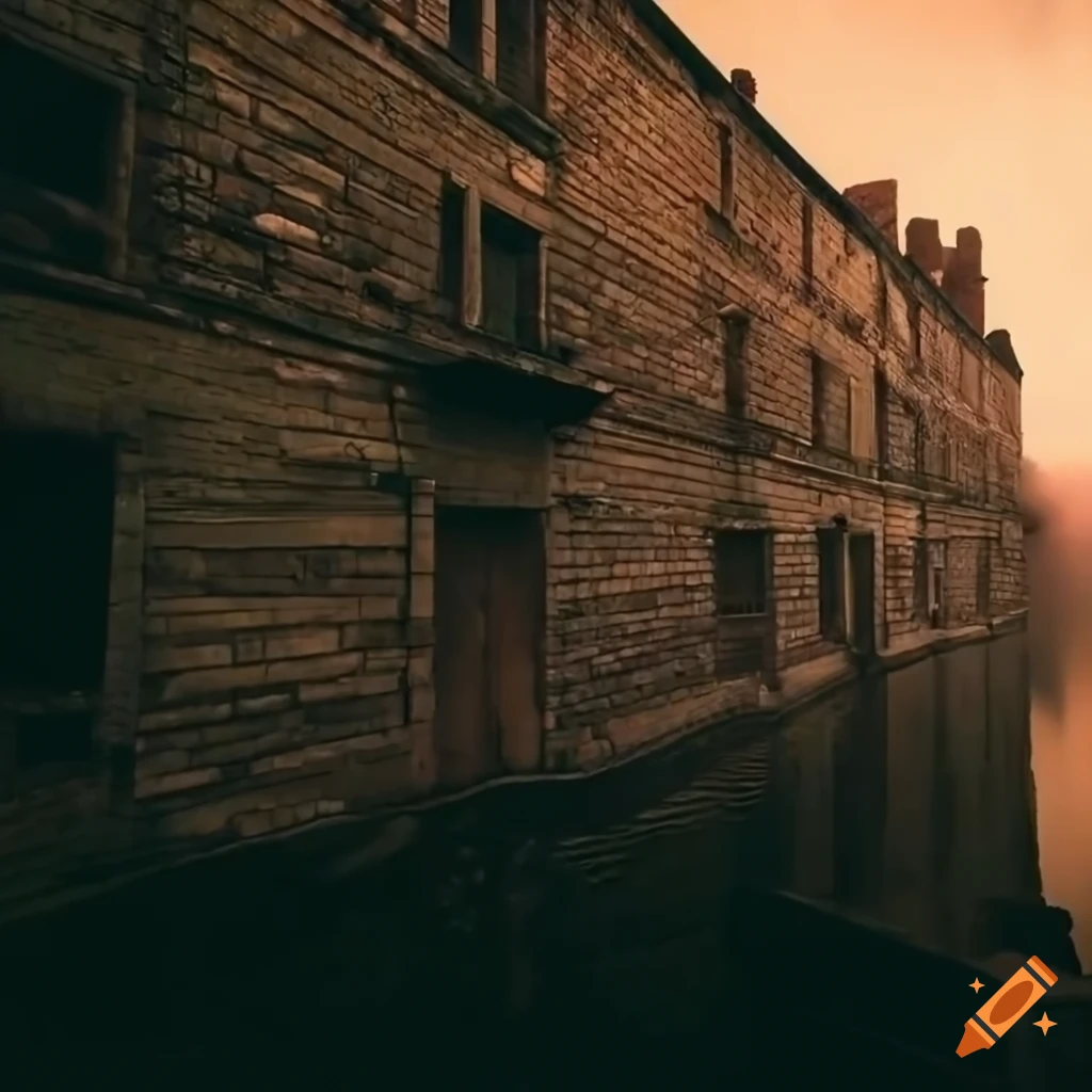 Abandoned brick and sandstone buildings sinking into water in thick fog ...