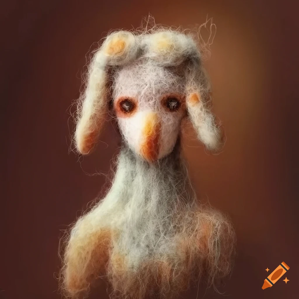 Creatures in felted wool clothing with textured background on Craiyon