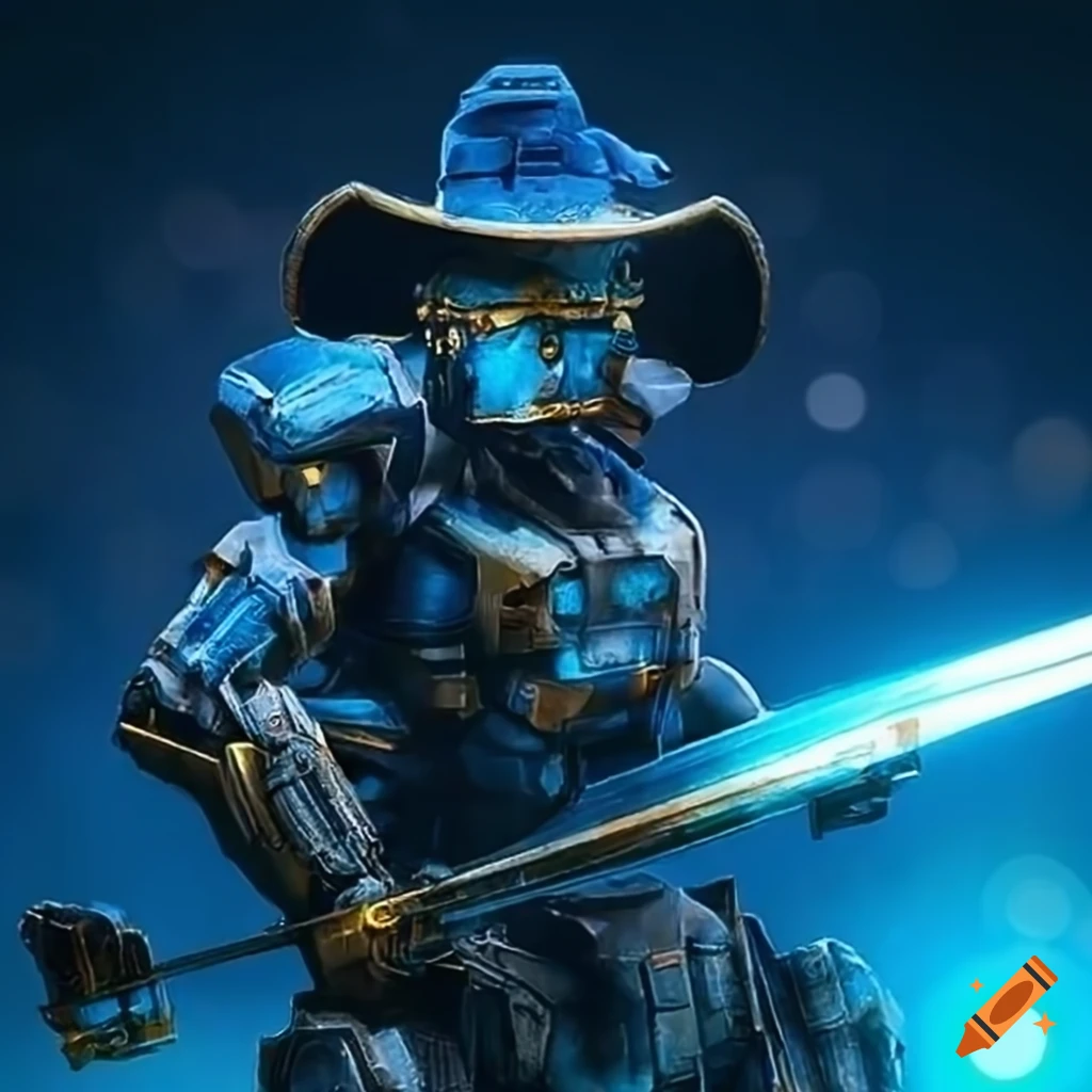 Blue and gold mech with musketeer hat and spear charging through ...