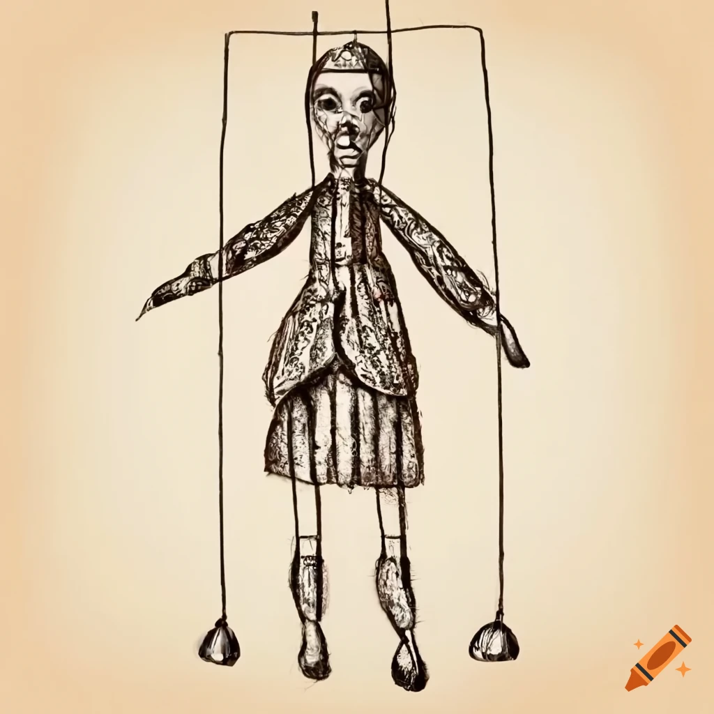 Elaborately dressed wool marionette doll in full length on Craiyon