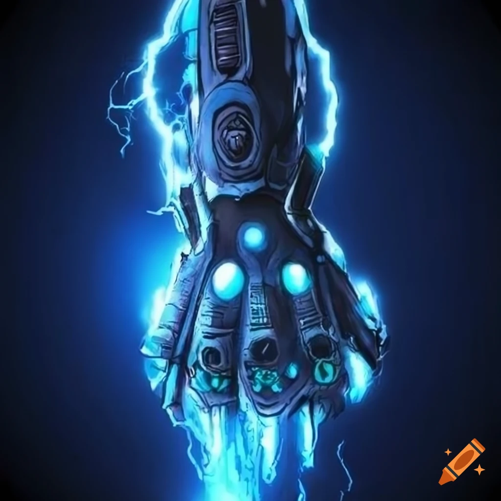 Old comic style sci-fi electric gauntlet with blue lightning on Craiyon