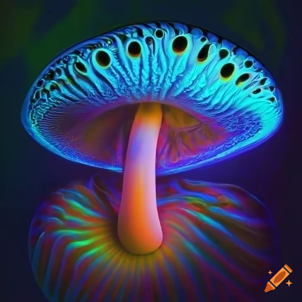 Psychedelic visualization of vibrant mushrooms in an enlightened astral ...