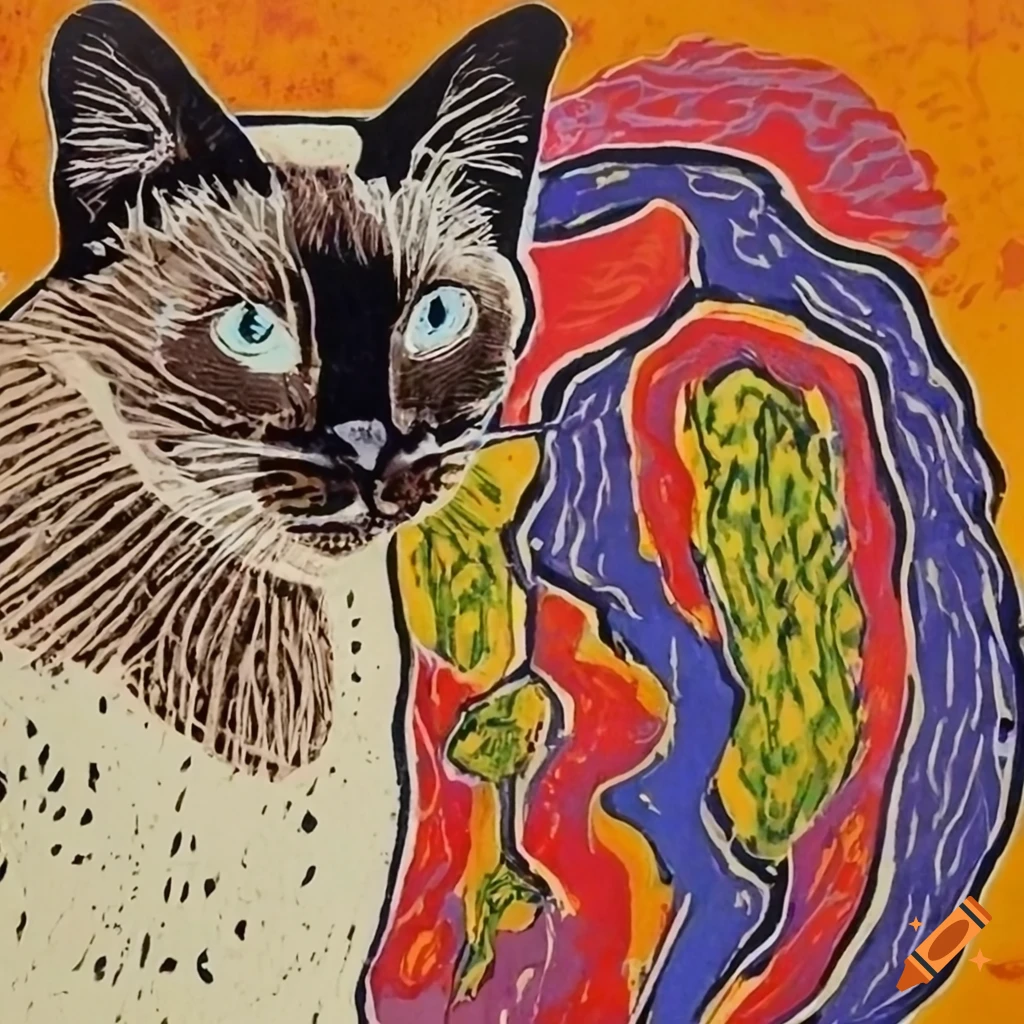 Jumping Siamese cat with colorful lino print and owner, in the style of ...