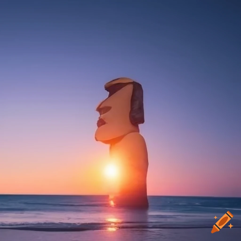 Stone moai on a beautiful beach with palm trees and sunrise on Craiyon