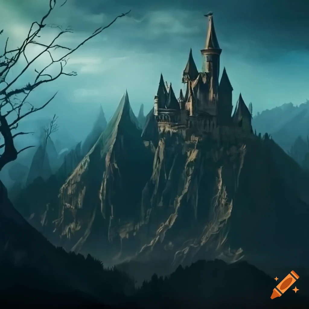 Witch's magic castle in a withered forest surrounded by mountains on ...