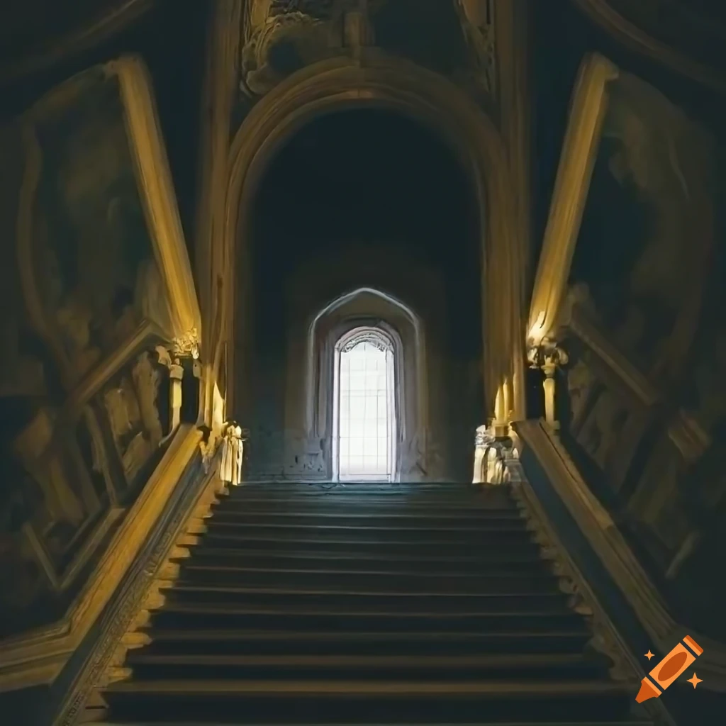Ethereal interior of a castle with grand staircase and soft golden ...