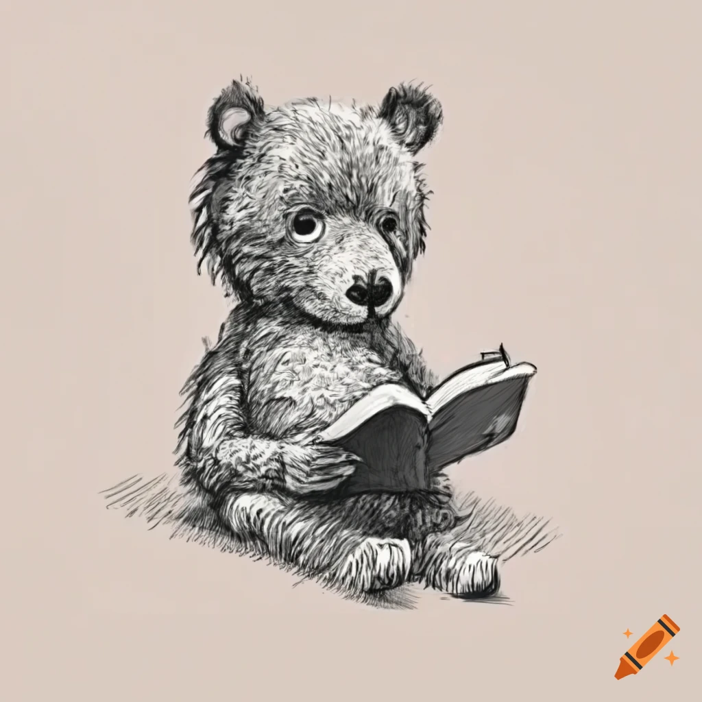 Stuffed animal reading a book in 1900s style vector art on Craiyon