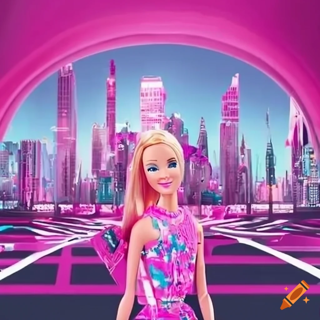 Futuristic city with pink barbie theme on Craiyon