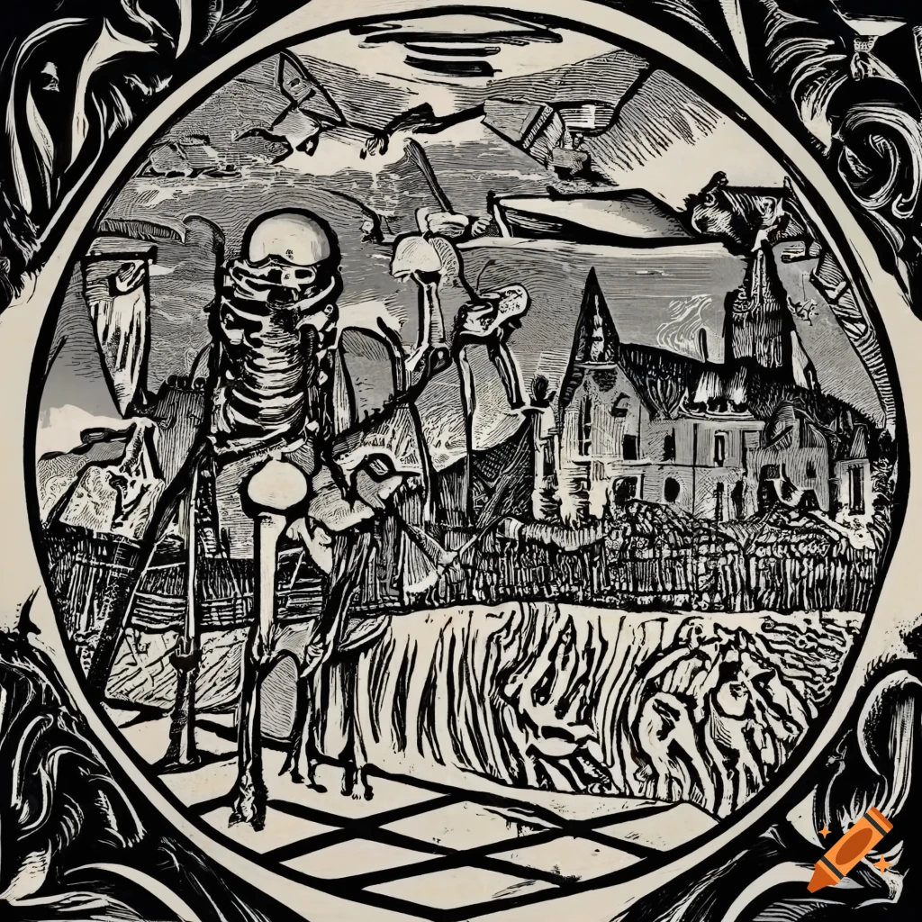 Black and white medieval woodcut of a skeleton with occult symbolism in ...