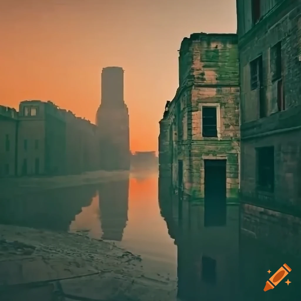 Worn down abandoned buildings sinking into water in thick fog and ...