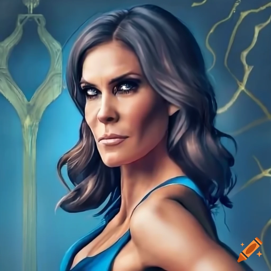 Fantasy art of Daniela Ruah as a muscular goddess of wisdom in a blue dress summoning fair ...