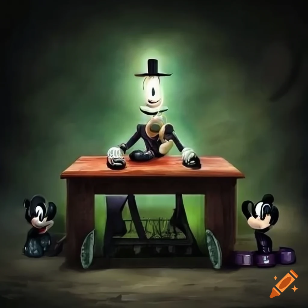 Baron samedi and mickey mouse playing poker in a surrealistic graveyard ...