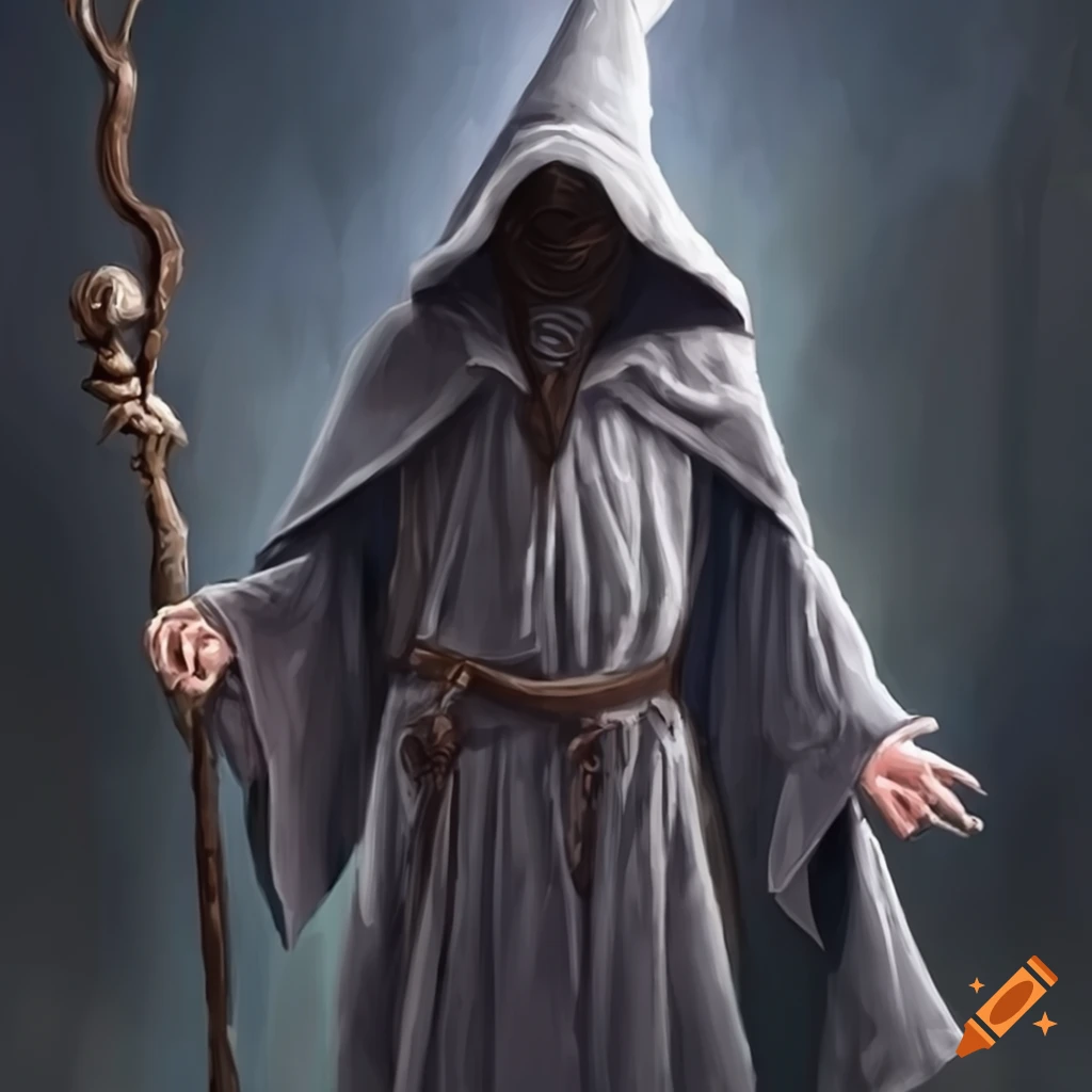 Grey wizard robe with a large hat and a magic staff on Craiyon