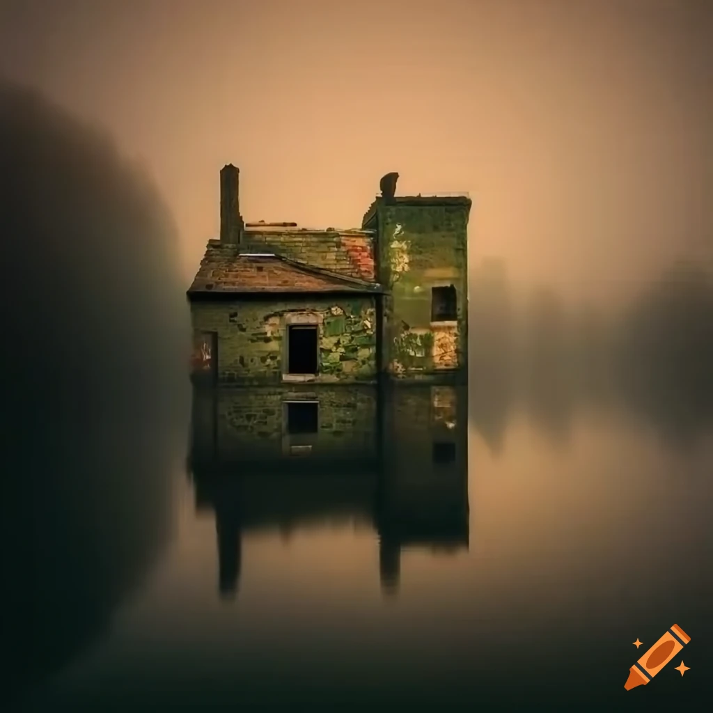 Abandoned buildings sinking into water in thick fog and golden sunset ...