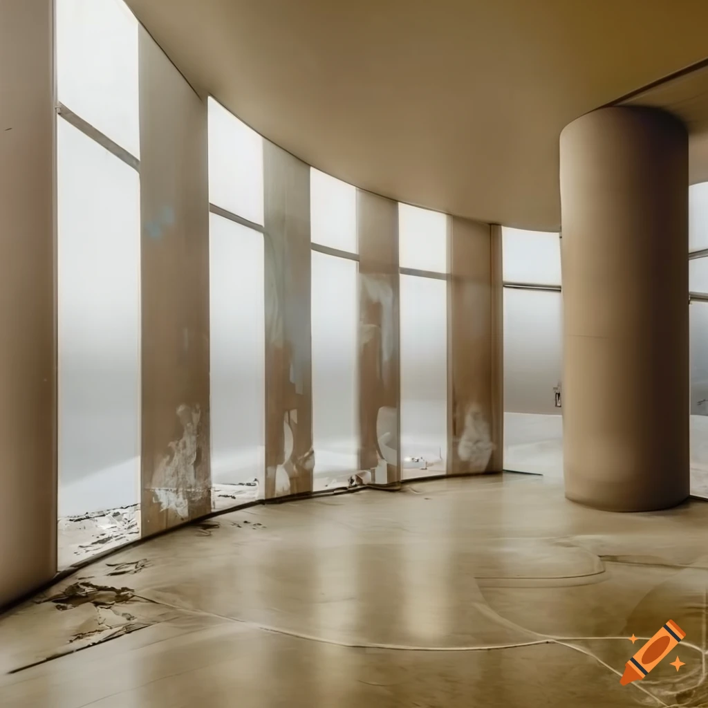 Abandoned modern lobby with sheer curtains overlooking a foggy ...
