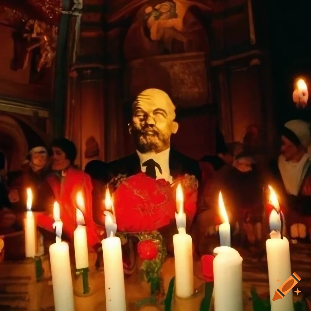 Celebration with candles, flowers, and food in honor of lenin on Craiyon