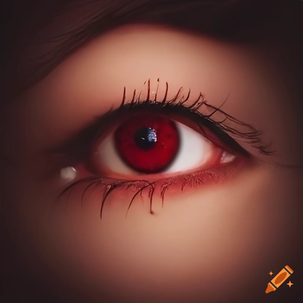 Closeup of a red iris in a female's eye with dark themes on Craiyon