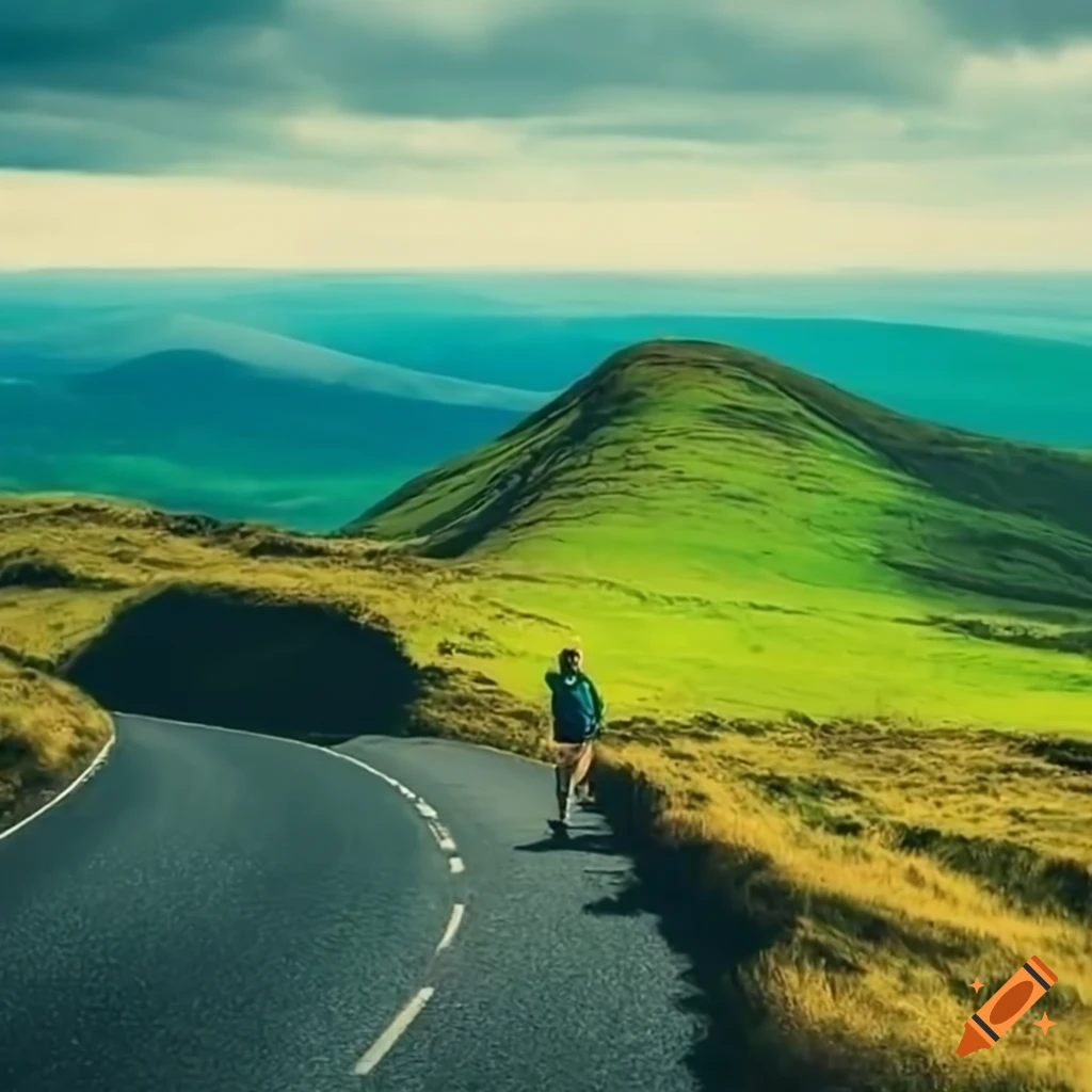 Breathtaking view of rolling green hills in Ireland with a person ...