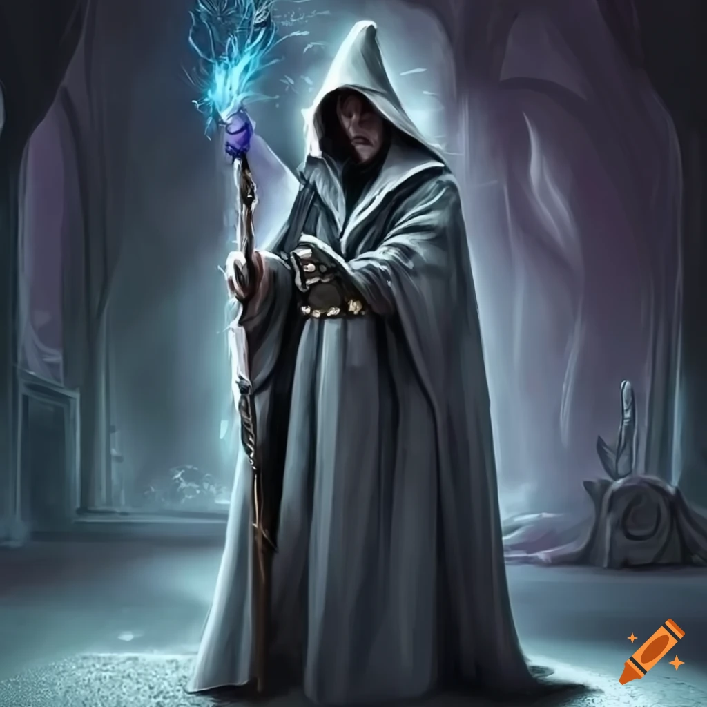 Gray wizard robe with big hat and magic staff for dnd on Craiyon