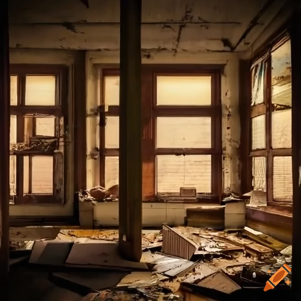 Abandoned sunny office with stacks of boxes and broken brown tinted ...