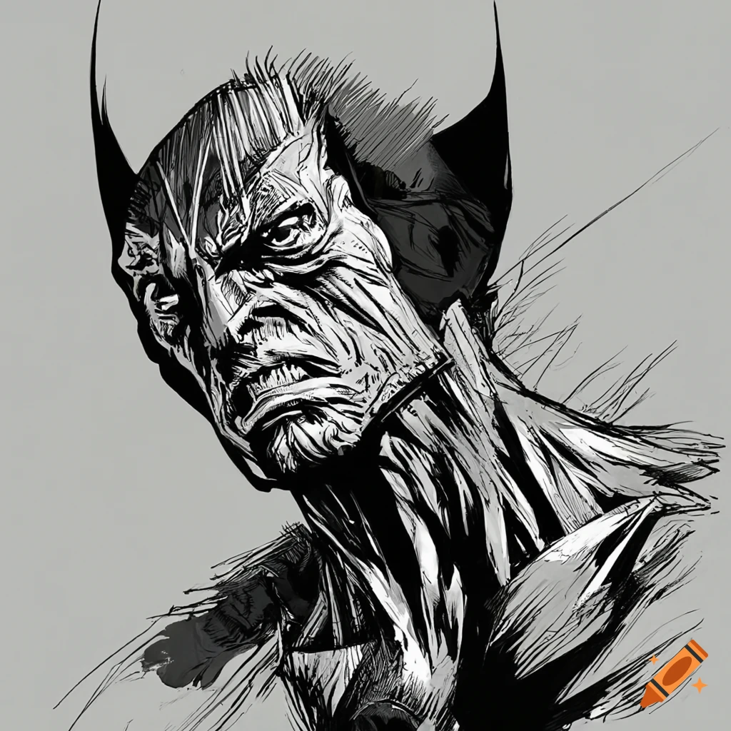 Wolverine character screaming with claws out in a heavy ink style on ...