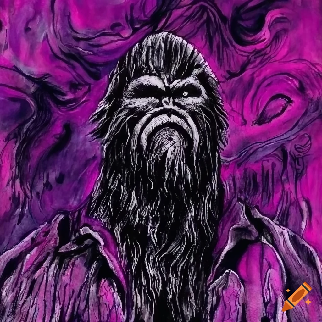 Purple, red, and black ink drawing of Sasquatch in cosmic ocean on Craiyon