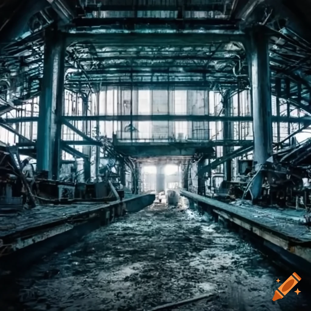 Derelict underground warehouse with scrap metal and machinery on Craiyon