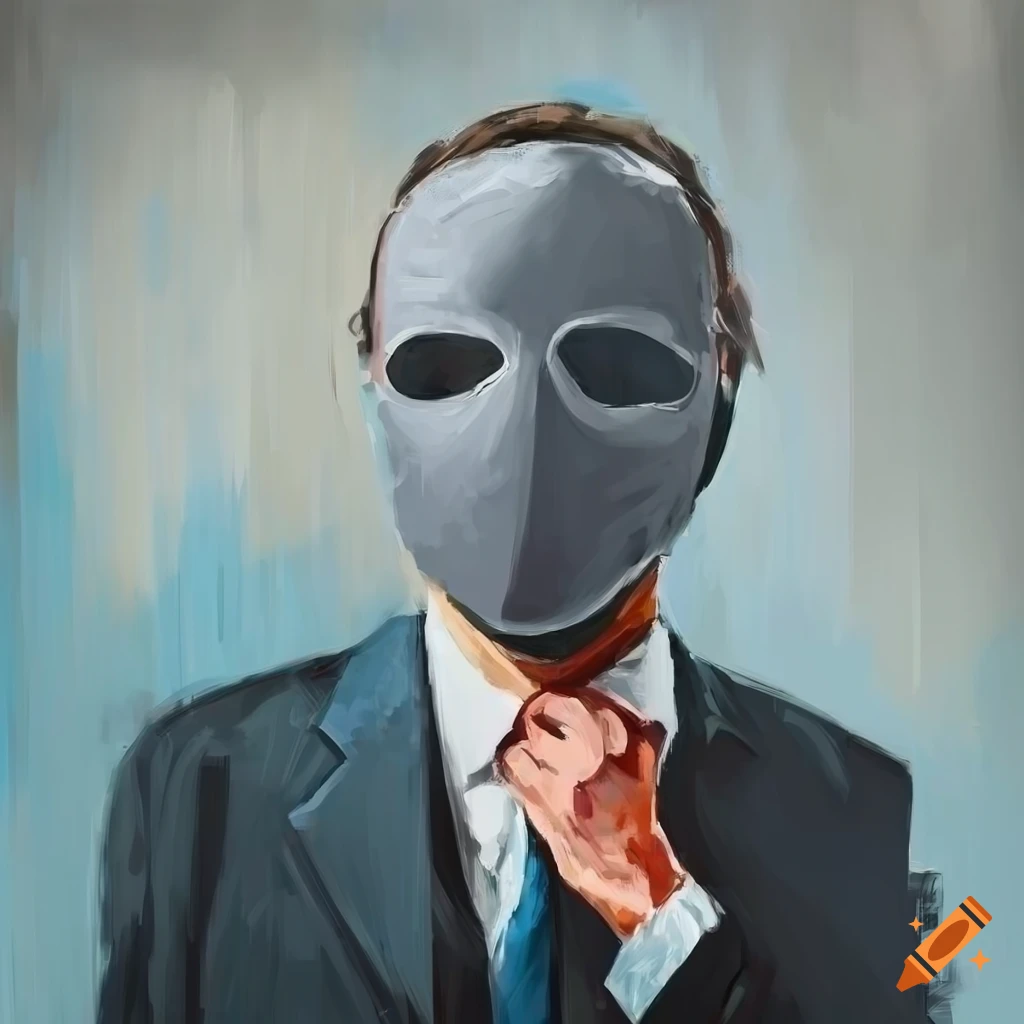 Man in faceless mask adjusting tie in business suit painting on Craiyon