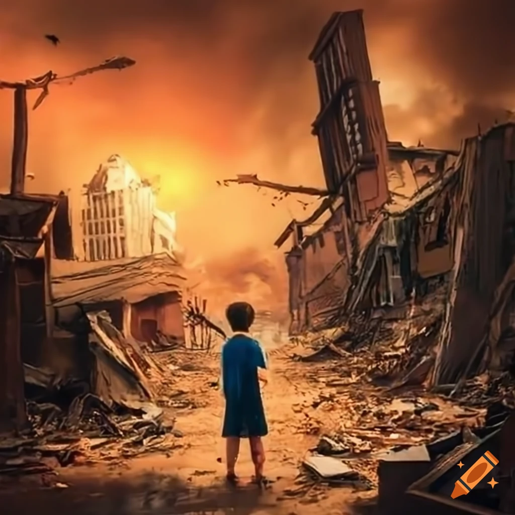 Child witnessing the destruction of their hometown on Craiyon