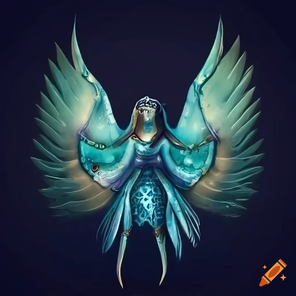 Illustration of a mythical horseshoe crab with angelic wings on Craiyon
