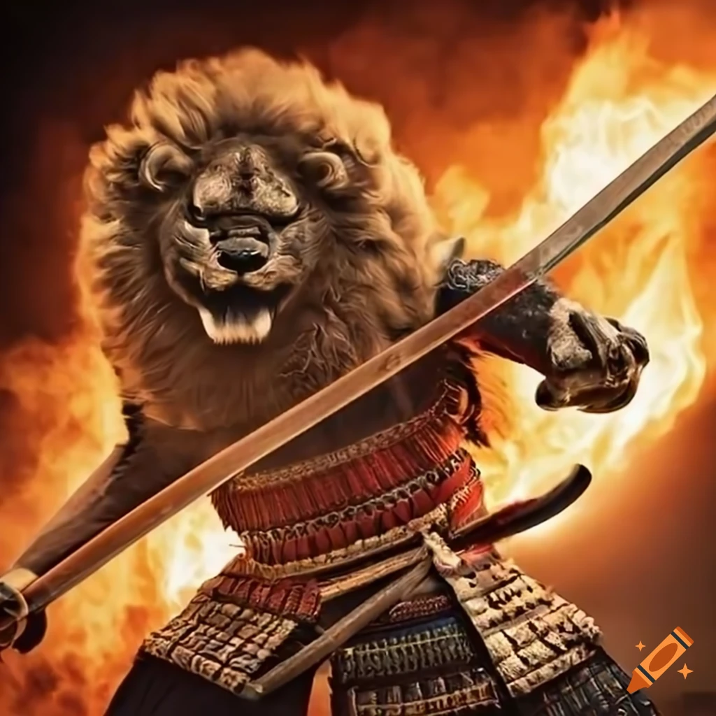 Samurai lions in a sword fight with flames in the background on Craiyon
