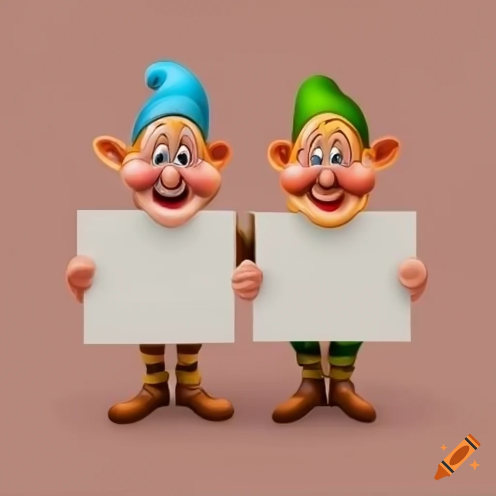 Cartoon image of two dwarfs holding a banner with inscription on Craiyon