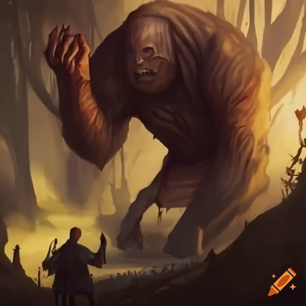 Big burly giant falling down a hole in fantasy art on Craiyon