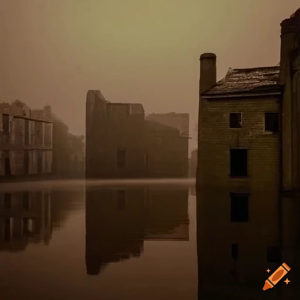 Worn down abandoned buildings sinking into water in thick fog and ...
