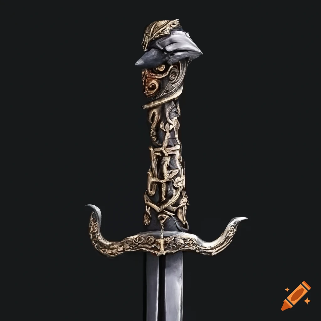 Exquisitely detailed black metal longsword with raven head handle on ...