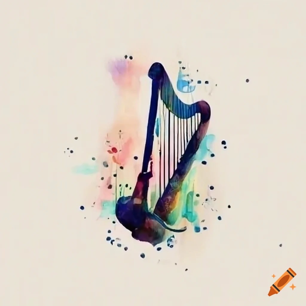 Music notes surrounding a harp in a logo design on Craiyon