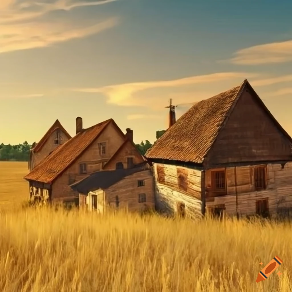 Aerial view of a medieval town with wooden houses in a dry grass field ...