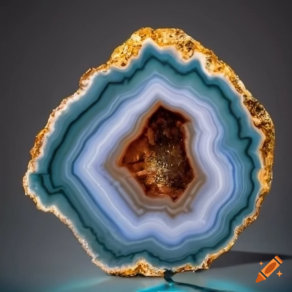 Polished slice of agate-geode with golden red minerals and vivid layers ...
