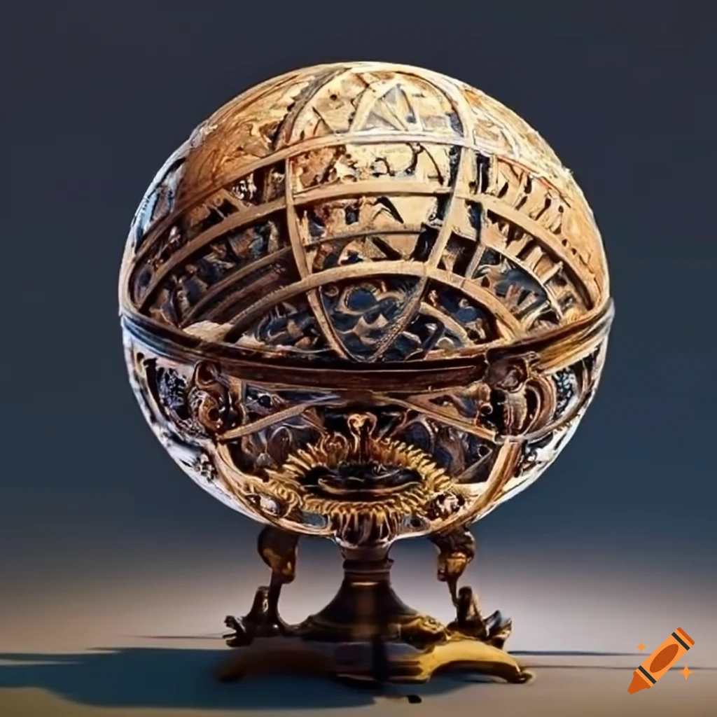 Mechanical antique sphere held by two hands with intricate designs on ...