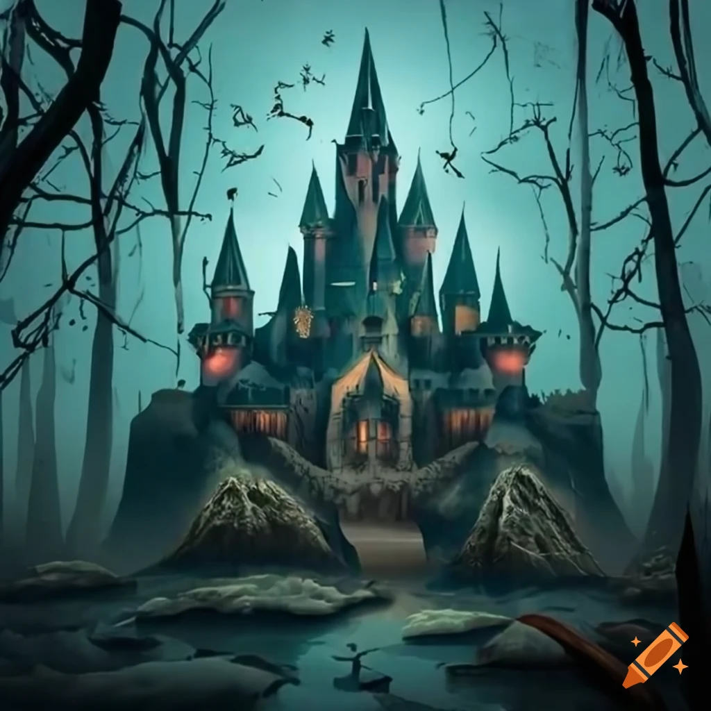 Witch's magic castle in a withered forest surrounded by mountains on ...