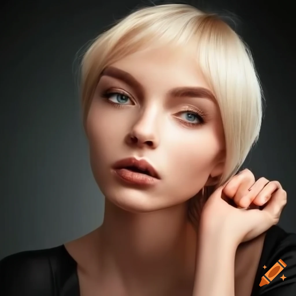 Portrait of a woman with short blonde hair and angular features on Craiyon