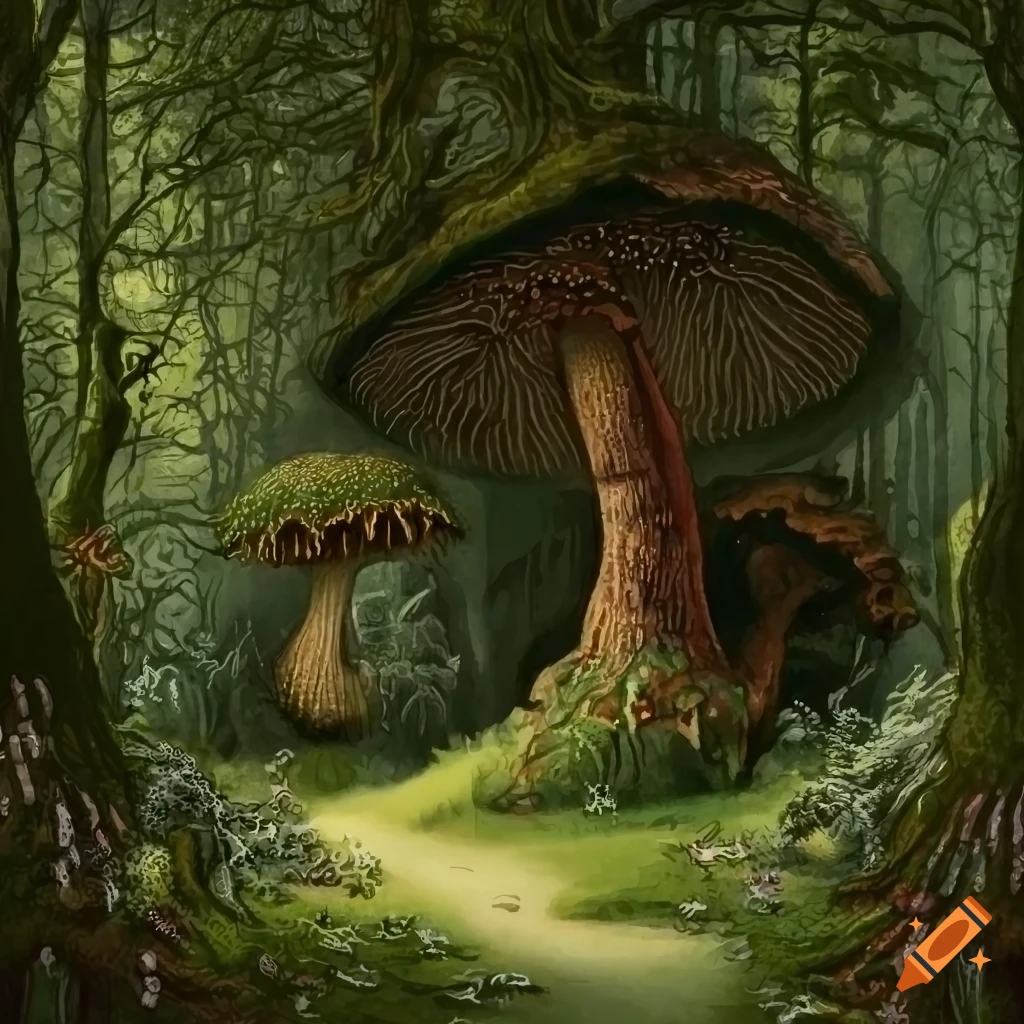 Fantasy forest scene with tangled woods, flowers, and strange plants in ...